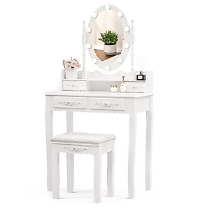 Alohappy Girls Makeup Vanity Set, Dressing Table Desk with Lighted Mirror and Stool, Makeup Table with 4 Drawers for Bedroom, Bathroom (Vanity with Lighted Mirror)