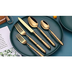 BLEWAR 5-Piece Vintage Gold-Plated Silverware Set for 1 - Elegant Flatware Cutlery Set 18/10 Stainless Steel Tableware Kitchen Utensil Dinnerware Set