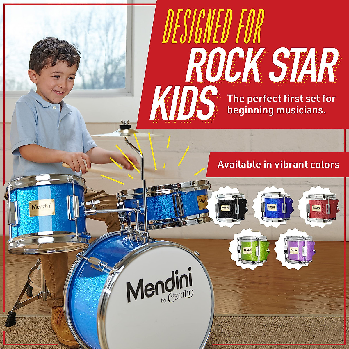 Mendini by Cecilio Kids Drum Set - Junior Kit w/ 4 Drums (Bass, Tom, Snare, Cymbal), Drumsticks, Drum Throne - Beginner Drum Sets & Musical Instruments