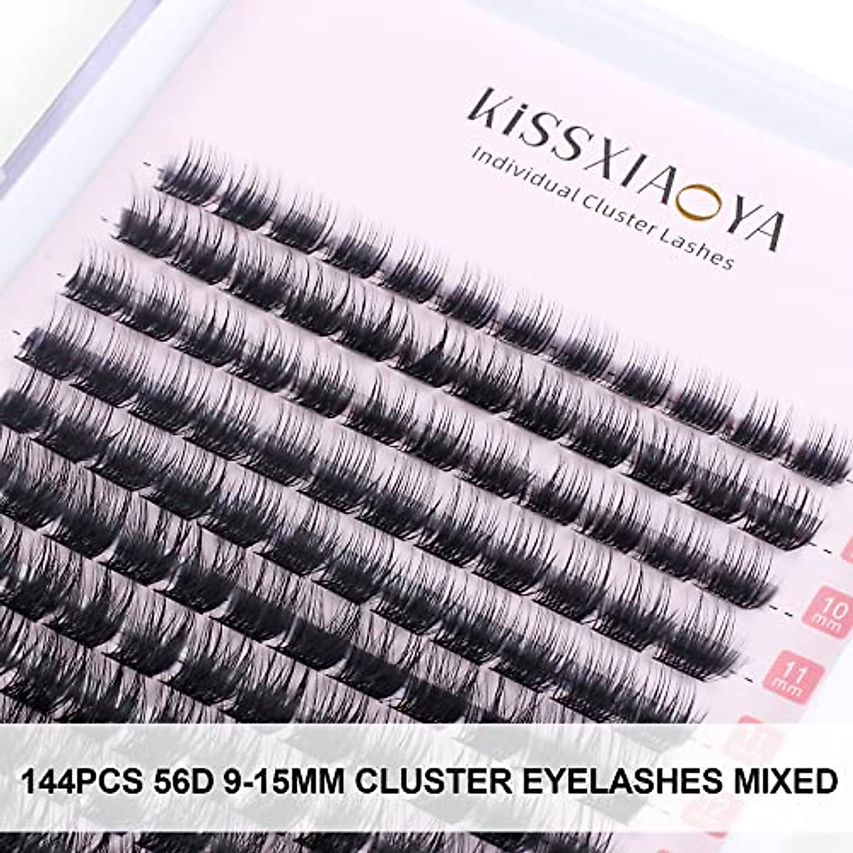 KISSXIAOYA Cluster Eyelash Extensions Kit, DIY Lashes Extension Kit with Lash Bond & Seal and Applicator, 144 Pcs 0.10mm 56D 9-15mm Mixed Wide-stem Lash, Individual at Home (Cluster Kit)