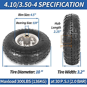 GICOOL 4.10/3.50-4" Tire and Wheel, 10" Pneumatic Tire, with 2.25" Offset Hub, 5/8" Axle Bore Hole, Sealed Bearings, for Hand Truck Trolley Dolly Garden Wagon Cart Wheel Replacement, 2 Pack