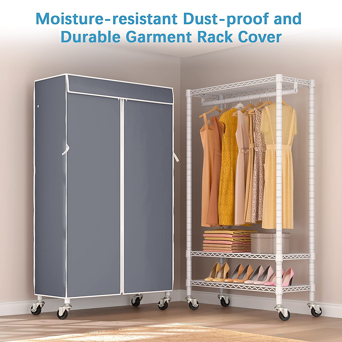 VIPEK R1C Portable Closet with Cover - Heavy Duty Freestanding Clothes Rack with Wheels & Hanging Rod, White with Gray Cover