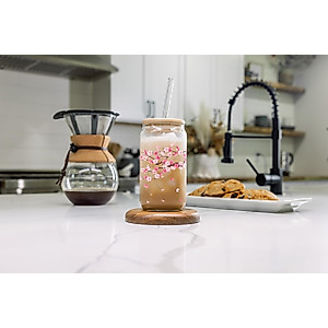 Aesthetic Cherry Blossom Glass Cup with Lid and Straw - Cute Coffee, Latte, Matcha Tumbler 16 oz - Floral Iced Coffee Cup - Preppy Birthday Gift for Women, Best Friends, Mom, Bridesmaid, Coffee Lover