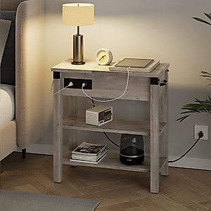 IDEALHOUSE End Table with USB Ports and Outlets, Flip Top Side Table Narrow Bedside Table with Drawer and Storage Shelves for Living Room, Rustic Grey