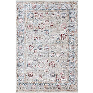 Unique Loom Noble Collection Country, Traditional, Distressed, Vintage, Botanical, Border Area Rug, 5' 1" x 7' 10" Rectangle, Ivory/Blue