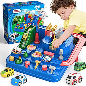 Lucky Doug Race Car Tracks for Boys, Car Rescue Adventure Toys with 4 Mini Car 6 Buttons for 3 4 5 6 Years Old Toddlers Boys Girls, Manually Operated Car Playset Education Toys for Kids Age 3+