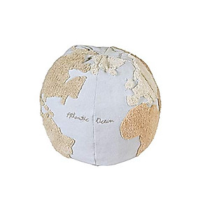 Lorena Canals USA Pouffe World Map, Light Blue, Natural, Linen, Beige, Grey, 1' 5" x Ø1' 8"