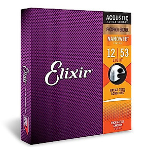 Elixir Strings, Acoustic Guitar Strings, Phosphor Bronze with NANOWEB Coating, Longest-Lasting Rich and Full Tone with Comfortable Feel, 6 String Set, Light 12-53