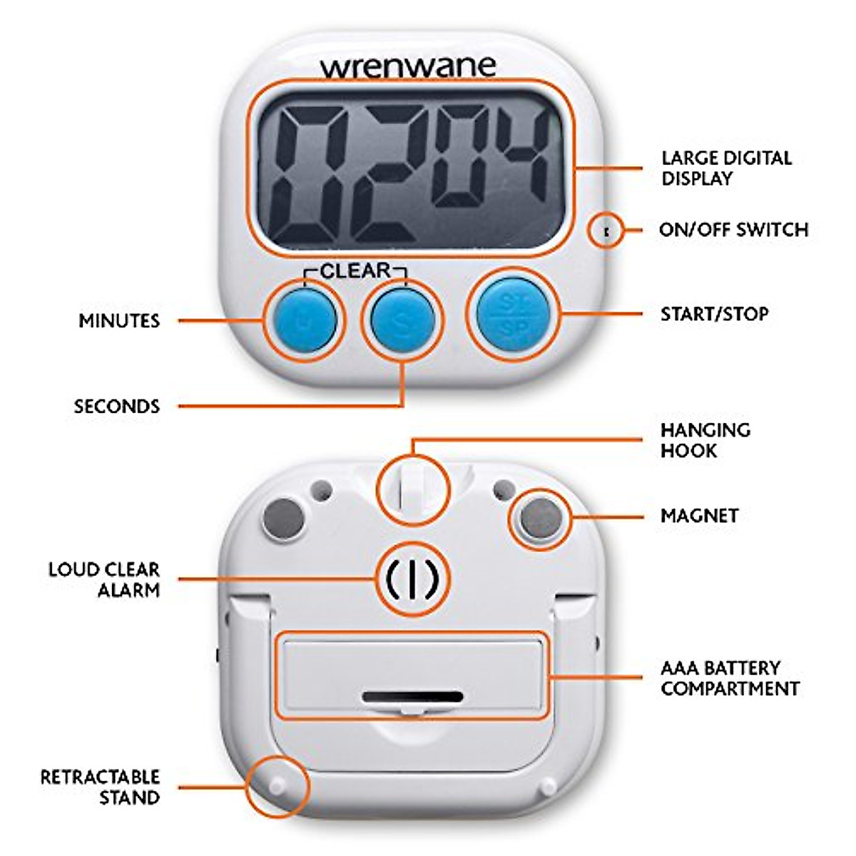 Wrenwane Digital Kitchen Timer (Upgraded), No Frills, Simple Operation, Big Digits, Loud Alarm, Magnetic Backing, Stand, White (1) (1) (1)