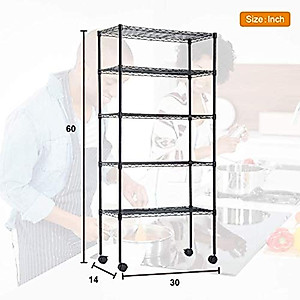 ZOVENCHI 5 Tier Storage Shelves Heavy Duty Shelving 14inchx30inchx60inch Layer Wire Unit with Wheels Metal Shelf Standing Garage Rack,Adjustable NSF Certified (Black)