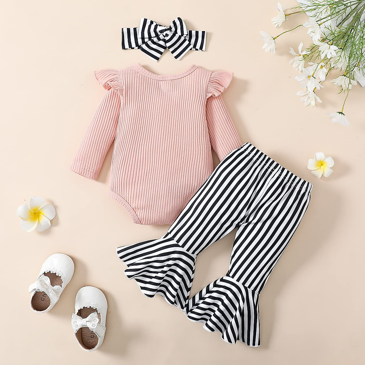 ADXSUN Newborn Baby Girl Clothes Ribbed Ruffled Romper+Striped/Cow/Leopard Flared Pants Infant Outifts 0-18 Months