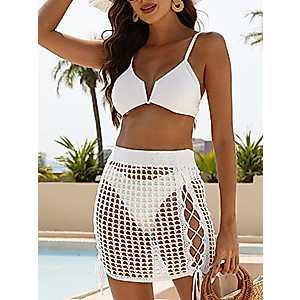 ZAFUL Women's Elastic Waist Tassel Sheer Beach Swimwear Bikini Sets Cover Ups Mini Skirt White S