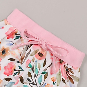 ZOELNIC Newborn Baby Girl Outfits New To The Crew Letter Print Romper+Floral Pants+Hat+Headband+Gloves 5PCS Clothes Set (Light Pink,Newborn)