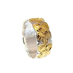 Arthur's Jewelry 925 sterling silver Hawaiian plumeria flower all around 2 tone yellow gold plated 8mm band ring size 14