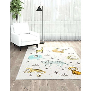 Unique Loom Whimsy Kids Collection Area Rug - Animals (Rectangular 5' 3" x 8' 0", Ivory/ Black)