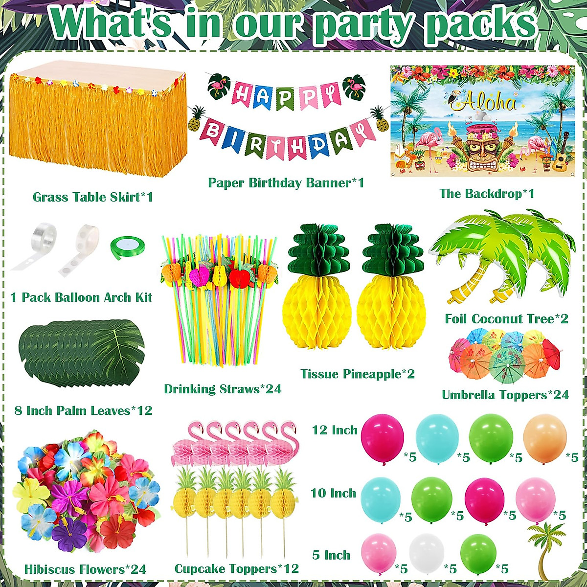 161Pcs Hawaiian Luau Party Decorations Pack, Tropical Beach Themed Summer Pool Party Supplies Including Aloha Backdrop, Flamingo Birthday Banner, Grass Table Skirt, Palm Leaves and Hibiscus, Pineapple