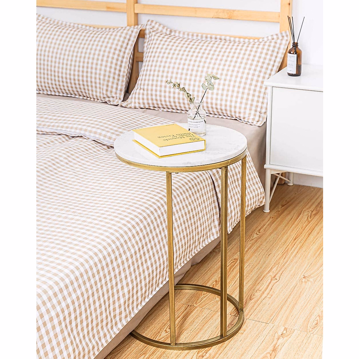 RiteSune Round C Shaped End Snack Side Table Slide Under Couch with Marble Top for Sofa Coffee Laptop Living Room Bedroom Small Space, 16" D x 24" H