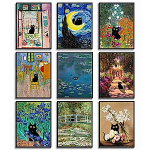 9 Pieces of Matisse's interesting Black Cat Posters Wall Art Print Monet Eclectic Aesthetics Retro Wall Decoration Cat Lover Canvas Flower Printing Colorful Farmhouse Gallery Bedroom Bathroom