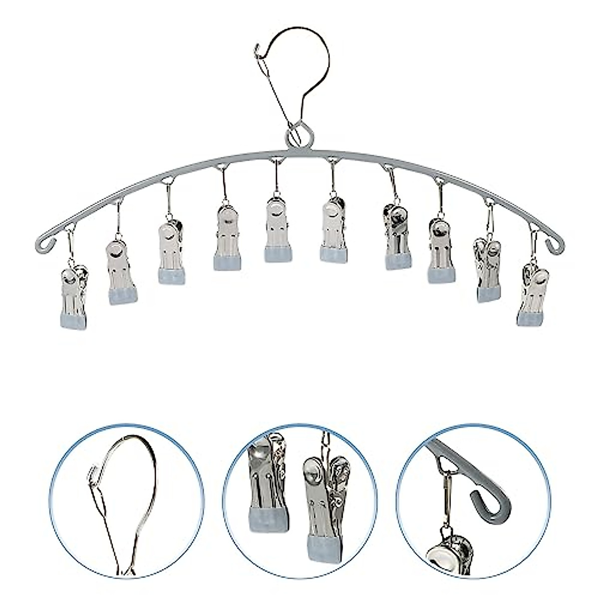Kichvoe Hat Hangers for Closet Stainless Steel Sock Drying Rack Windproof Clothes Hanger with 10 Clips Space Saving Laundry Drying Rack for Socks Towels Hats Bras Underwear Grey