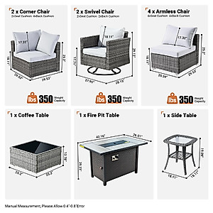ovios Outdoor 11 Piece Patio Furniture Set with Fire Pit Table,Conversation Sectional Wicker Couch with Swivel Chairs,Modern Outside Sofa for Balcony Backyard (Grey)