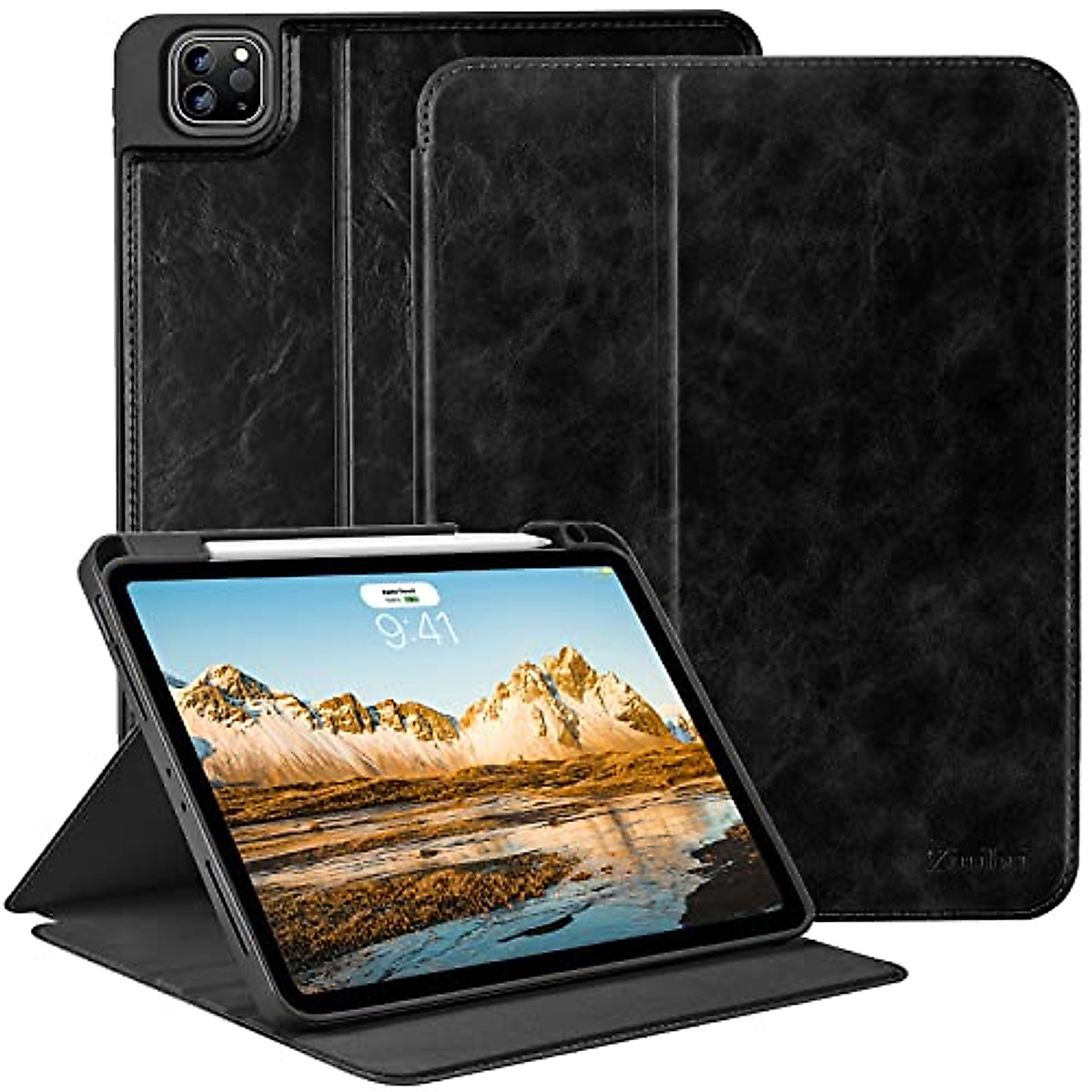 Zinibri iPad Pro 11 Inch Case, iPad Pro 11 Inch Cover, iPad Pro 11 Case 2022 2021 4th 3rd Generation with Pencil Holder, PU Leather,Multi-Angles,Auto Sleep/Wake Cover Case for iPad Pro 11", Black