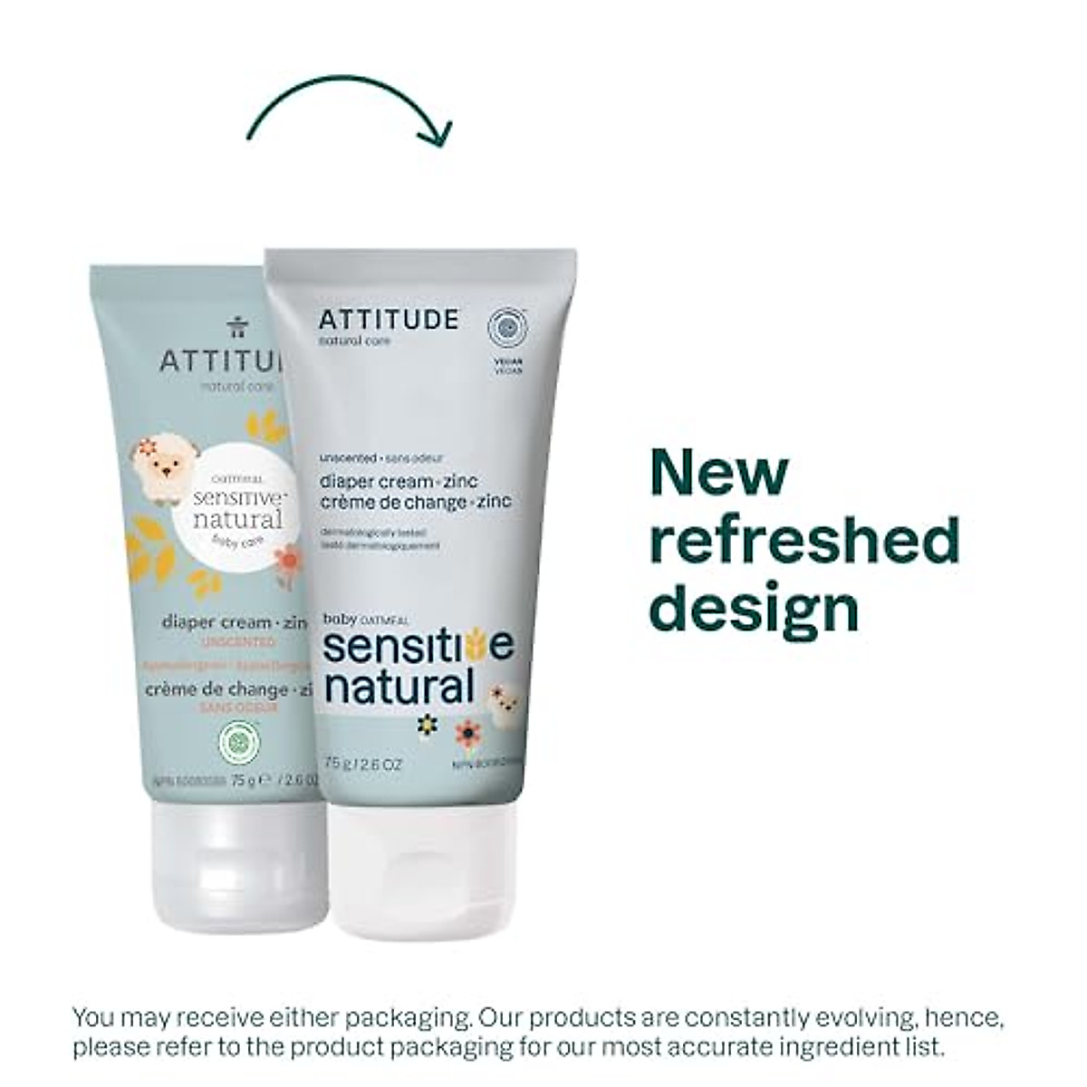 ATTITUDE Diaper Cream with Zinc & Oatmeal for Baby with Sensitive Skin, Plant and Mineral Based, Dermatologically Tested, Vegan, Unscented, 2.6 Oz