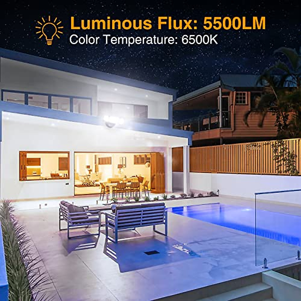 Onforu 55W LED Security Light, 5500LM Super Bright Outdoor Flood Light Fixture with 3 Adjustable Heads, IP65 Waterproof, 6500K White Wall Mount Exterior Security Light for Eave, Yard, Garden, Porch