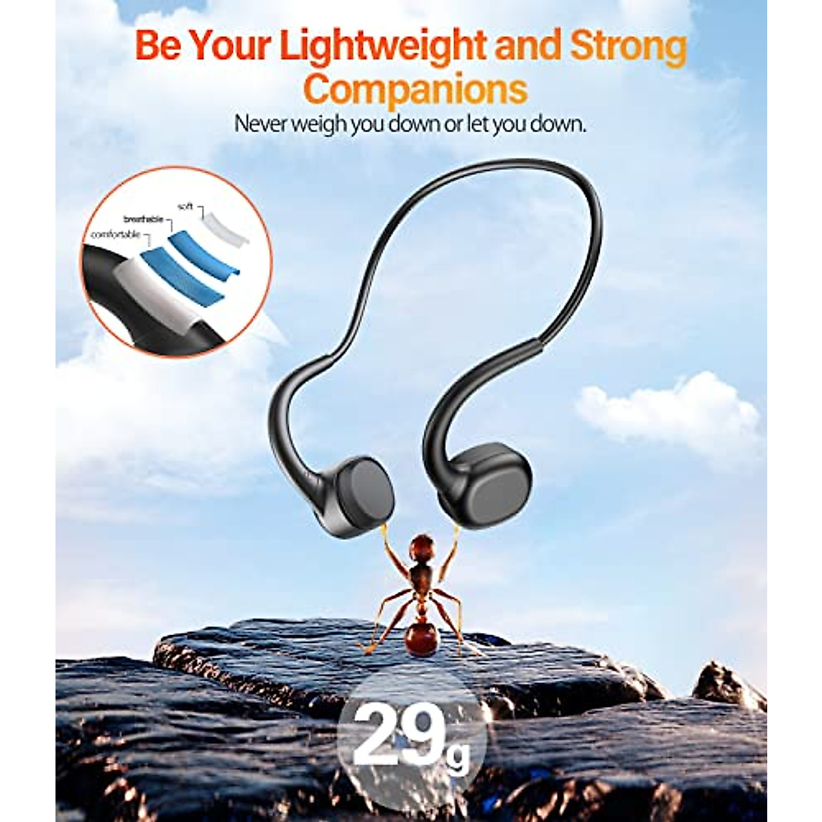 PTYOO Bone Conduction Headphones, Open-Ear Bluetooth 5.3 Headphones with Microphone, Sweat Resistant Sports Earbuds Wireless Earphone for Running Workout Cycling