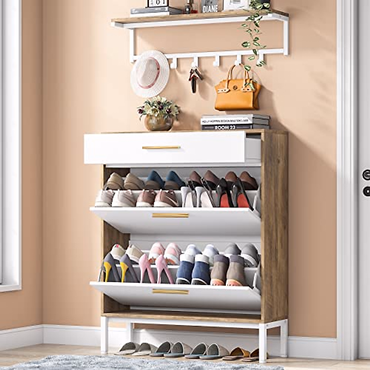 Tribesigns Shoe Cabinet 16 Pairs, Modern Slim 3 Flip Drawers Shoes Rack Storage Organizer with Coat Shelf, White Sneaker Holder Stand with Doors Thin Tipping Shoe Storage Cabinet for Entryway, Hallway