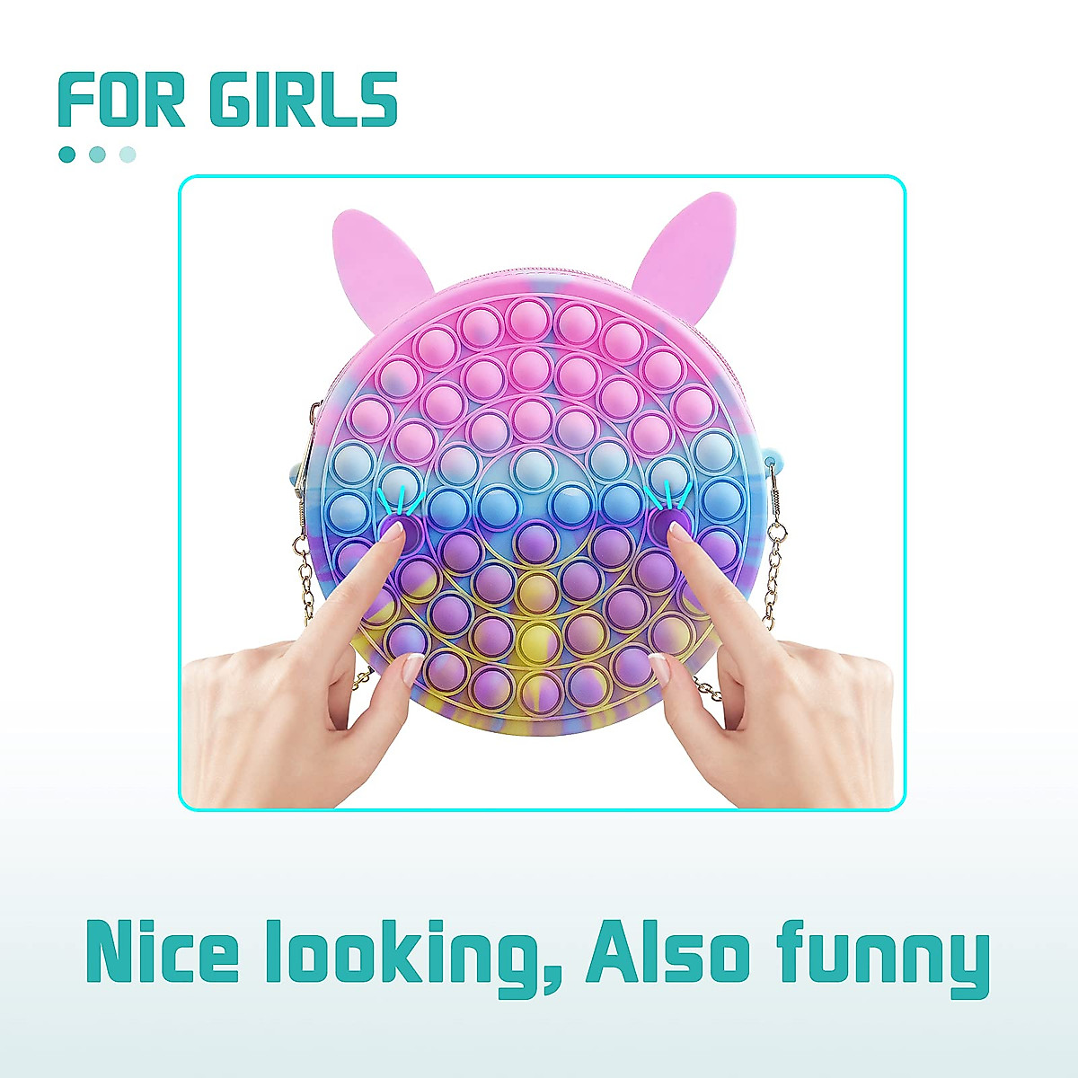 AndTree Pop Shoulder Bag Fidget Toys Rainbow Pop Bubble It Purse for Girls Gift Cross-Body Bag Rabbit Ear