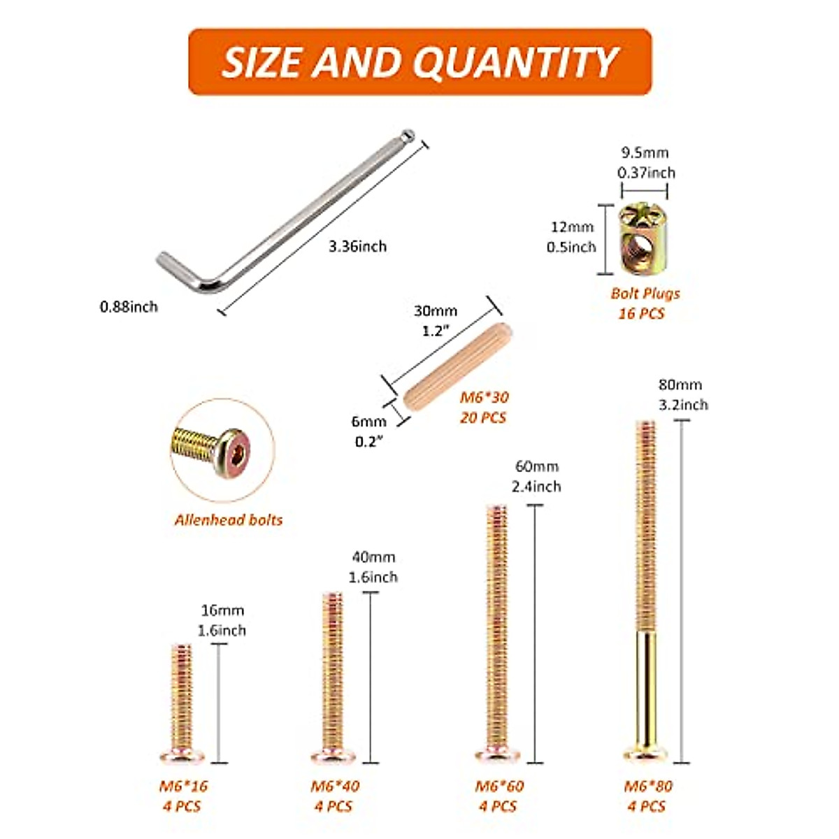 Crib Screws Hardware Replacement Kit - 16 Set Baby Bed Frame Bolts,Barrel Nuts&Wooden Dowel Pins Set - M6x16/40/60/80 mm Hex Drive Socket Cap Screws Nuts for Beds Headboards Chairs Furniture