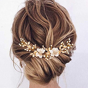 EARENT Bride Wedding Flower Hair Vine Gold Crystal Headpiece Bridal Pearl Leaf Headband Bridesmaid Hair Accessories for Women and Girls