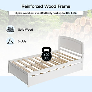 TOLEAD Daybed with Trundle, Twin Size Pull Out Bed, Solid Wood Extendable Day Bed with Trundle Bed Twin, Include Slat Support (White, Trundle)