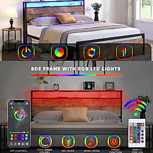 Queen Size Bed Frame,with Storage Headboard and 2 Drawers,LED Lights Bed with Charging Station,Metal Platform Bed No Noise, Mattress Foundation Strong Metal Slats Support No Box Spring Needed (Queen)