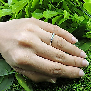 AFFY Baguette Cut Simulated Emerald And White Cubic Zirconia In 14K White Gold Plated 925 Sterling Silver Three Stone Design Bridal Engagement Wedding Ring Jewelry For Women Size -7