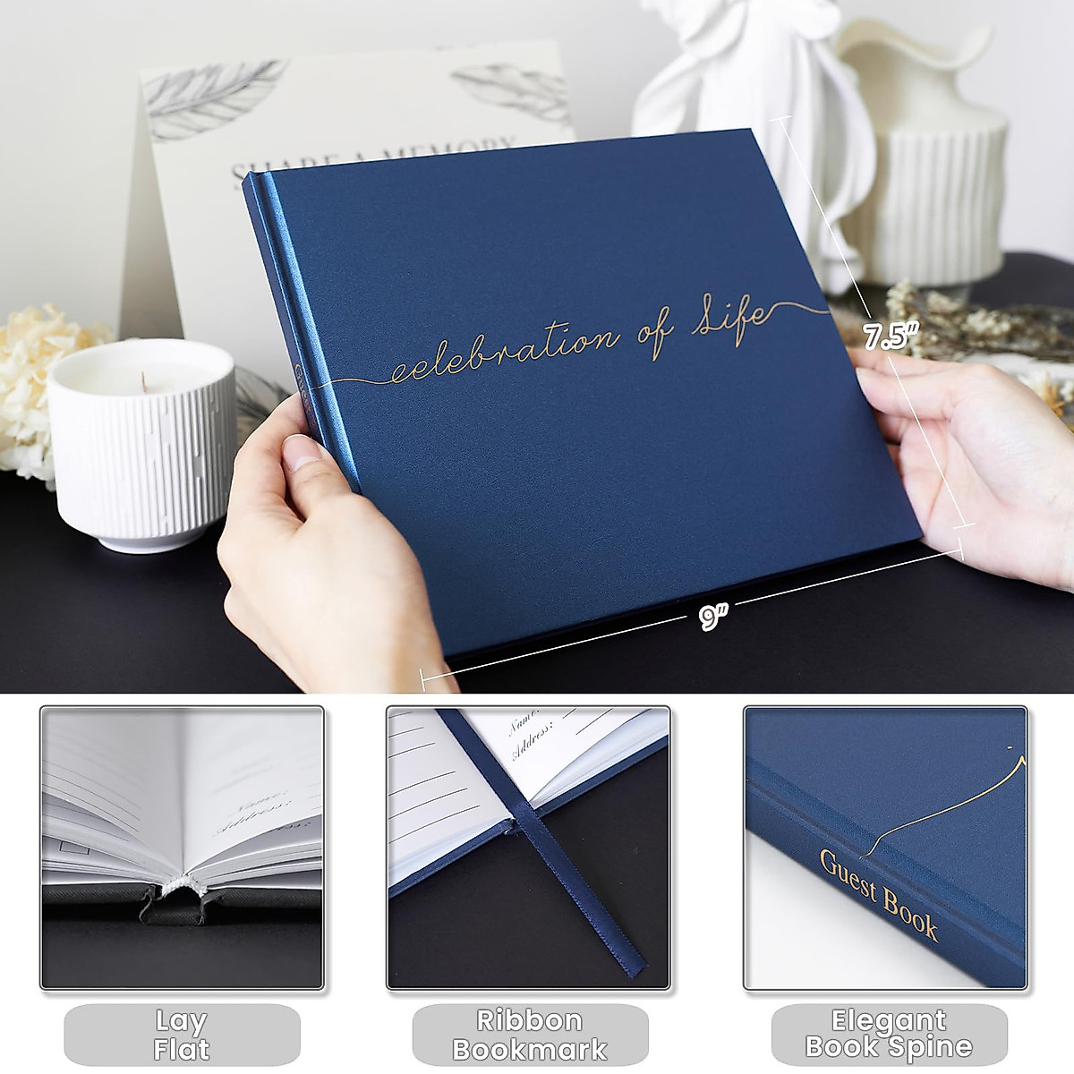 Braveriky Twill Funeral Guest Book for The Celebration of Life - in Loving Memory Guestbook with a Memory Table Sign - Hardcover Guest Sign in Book for Funeral Service - 320 Entries, 9"x7.5", Navy