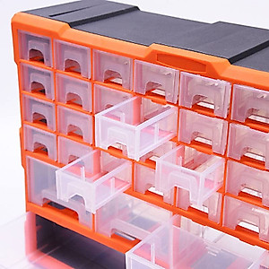 Tools, Hardware, Crafts Storage Organizer, 32 Small/4 Medium/2 Large Plastic Drawer Cabinets with Precut Labels, 20.47-Inch D x 6.3" Inch W x 14.57 Inch H, Orange