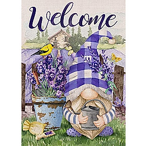 Furiaz Welcome Spring Gnome Lavender Small Decorative Garden Flag, Goldfinch Bird Yard Flower Purple Buffalo Plaid Check Home Outside Decoration, Summer Farmhouse Outdoor Decor Double Sided 12x18
