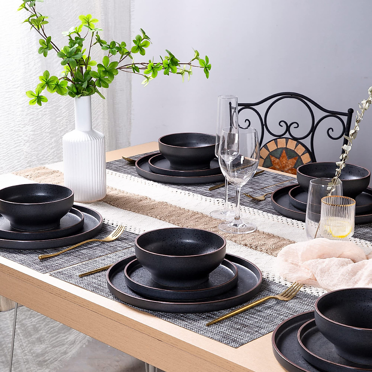 LERATIO Dinner Plates,Ceramic Dinner Plates Set of 6,10.75 inch Large ceramic plates,Modern Shape Dinnerware Dishes Set for Kitchen, Microwave & Dishwasher & Oven Safe-Coffee Rim