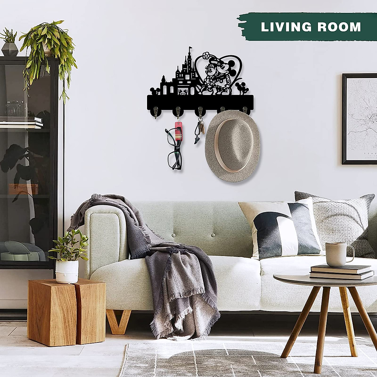 BOVIZIPY Mick Shape Mouse Key Holder - Dog Leash Holder with 5 Key Hooks Decorative for Wall, Wood Housewarming Gifts for Kids& Lovers