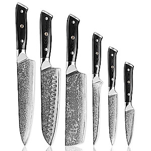 SENKEN 6-Piece Damascus Steel Kitchen Knife Set - Shogun Collection - 67-Layer Japanese VG10 Steel - Chef's Knife, Cleaver Knife, & More, Extremely Sharp Blades for Effortless Cutting, Luxury Gift Box