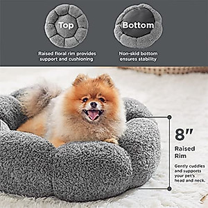Lesure Calming Small Dog Bed - Flower Donut Round Fluffy Puppy Bed in Plush Teddy Sherpa, Non-Slip Cute Flower Cat Beds for Indoor Cats, Small Pet Bed Fits up to 25 lbs, Machine Washable, Grey 23"