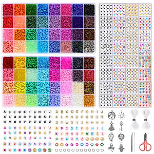QUEFE Craft Beads Kit 21440pcs 3mm Glass Seed Beads and 960pcs Letter Beads for Friendship Bracelets Jewelry Making Necklaces and Key Chains with 2 Rolls of Crystal String, DIY Art Craft Gifts