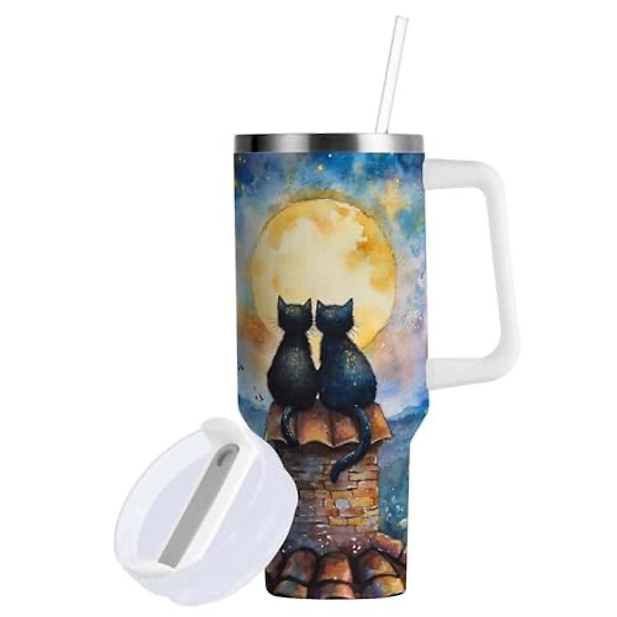 ODAWA Romantic Cats Moon Blue Travel Coffee Tumbler 40 Oz Drinking Cups with Lid and Straw