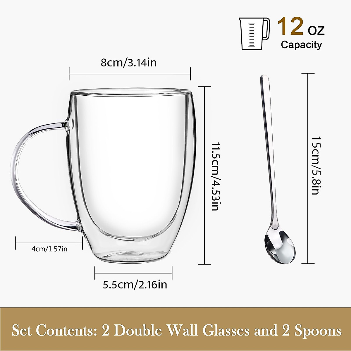 FULGNU Double Wall Glass Coffee Mugs, 12 Oz Clear Coffee Mugs with Handle, Insulated Glass Coffee Mugs Set of 2, Perfect for Espresso, Cappuccino, Latte, Americano, Tea Bag, Beverage