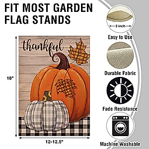 Artofy Thankful Fall Decorative Small Garden Flag White Pumpkin, Autumn House Yard Outside Decor Black White Buffalo Plaid Check Maple Leaf, Thanksgiving Farmhouse Outdoor Home Burlap Decoration 12x18