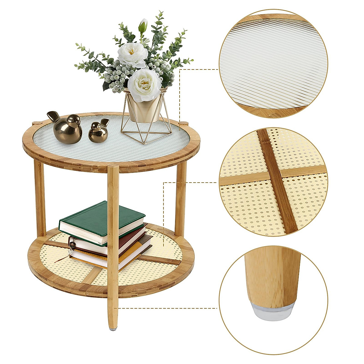 PaNeTnya 22 inch Bamboo Side Table End Table,2 Tier Round Side Table with Rattan Shelf and Glass Tabletop,Coffee Table for Living Room,Dining Room and Bedroom