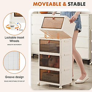 Sweetcrispy 4 Tier Stackable Plastic Storage Bins with Lid - 23QT Foldable Organizers and Storage with Magnetic Doors & Lockable Wheels, Collapsible Storage Boxes for Living Room, Office, Dorm