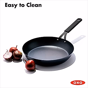 OXO Obsidian Pre-Seasoned Carbon Steel, 12" Frying Pan Skillet with Removable Silicone Handle Holder, Induction, Oven Safe, Black