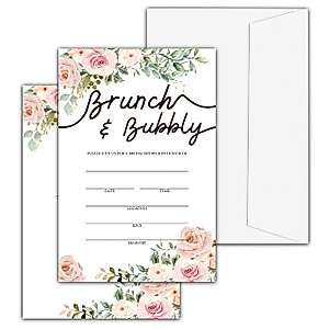 Boho Floral Greenery Brunch & Bubbly Invitations with Envelopes for All Occasions, 25 Pcs Champagne Brunch Blank Fill-in Invites for Bridal Shower, Wedding Reception, Engagement Party(04)